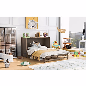 Queen Size Murphy Bed with Frame for Boys Girls Kids Adults Toddler Built-in Charging Station, Antique Grey