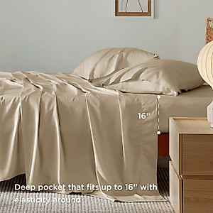 Bedsure King Size Sheet Set, Cooling Sheets King, Rayon Derived from Bamboo, Deep Pocket Up to 16", Breathable & Soft Bed Sheets, Hotel Luxury Silky Bedding Sheets & Pillowcases, Beige