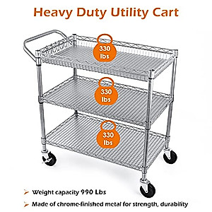 WDT Heavy Duty 3 Tier Rolling Utility Cart, Kitchen Metal Utility Carts with Handle Bar, Utility Shelf Plant Display Shelf Food Cart Storage Trolley with Wheels, Silver
