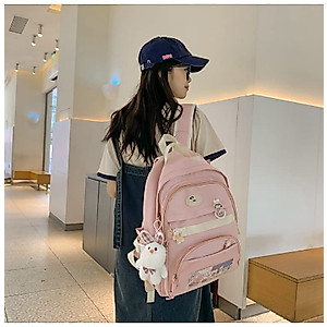 Kawaii Backpack with Cute Pins Bunny Plush Pendant, Aesthetic School Bags Bookbag, Lovely Japanese Ita Bag Daypack (Pink)