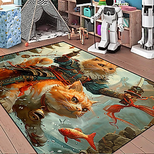 CDIWIDH Cat Rug for Girls Room - Cartoon Cat Carpet for Kids, Funny Cat Riding Cat Print Animal Rug Cat Area Rug for Bedroom Decor Girl Room Rug for Living Room Cat Floor Mats 5x7 Feet