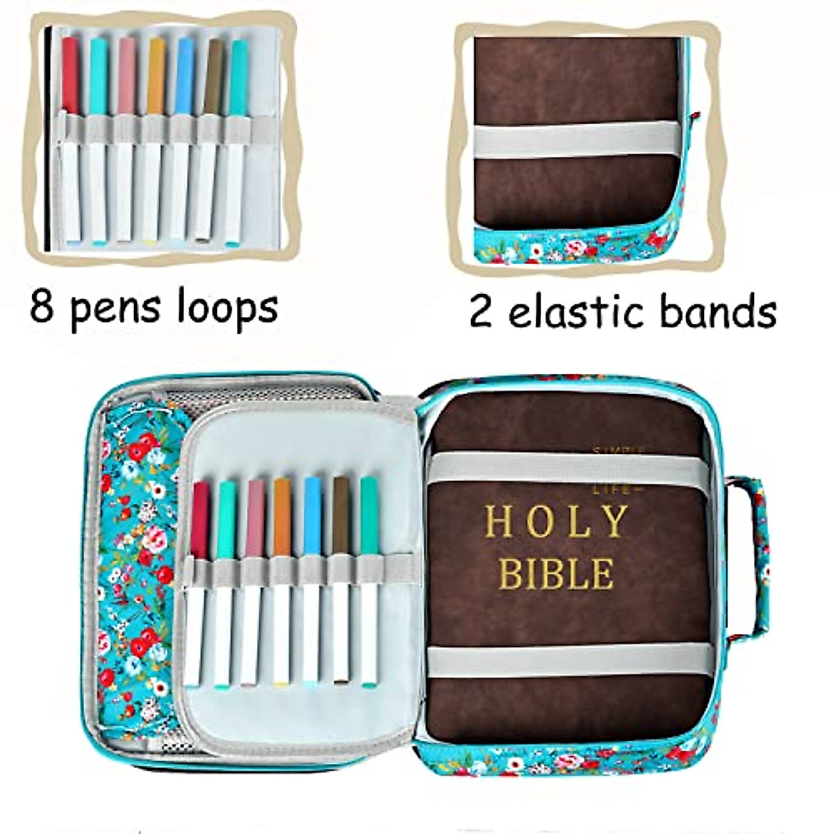 Carrying Bible Bag, Bible Cover for Women, Case Men, Bible Bag with Removable Pen Slots, Durable Zipper Bible Bag Carrying Case with Handle (Green- Flower)