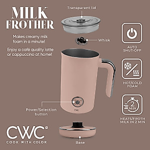 COOK WITH COLOR 4-in-1 Electric Milk Steamer and Frother - 2-Minute Heating and Frothing, Hot and Cold Foam Maker for Coffee, Latte, Cappuccino, Macchiato, Milk Warmer, Auto Shut Off, Blush