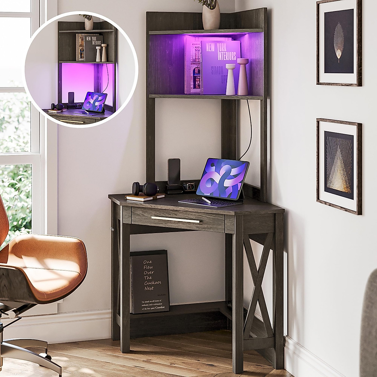 BELLEZE Corner Desk with Hutch, Compact Home Office Desk with Display Shelf and Drawer, Space Saving Writing Desk with Charge Outlets and LED Lights for Living Room, Bedroom - Tate (Brown)