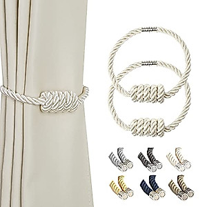 BEL AVENIR Magnetic Curtain Tiebacks, Decorative Drapery Holdbacks Modern Woven Tie-Backs with Exquisite Knot (Beige, 2 Pack)