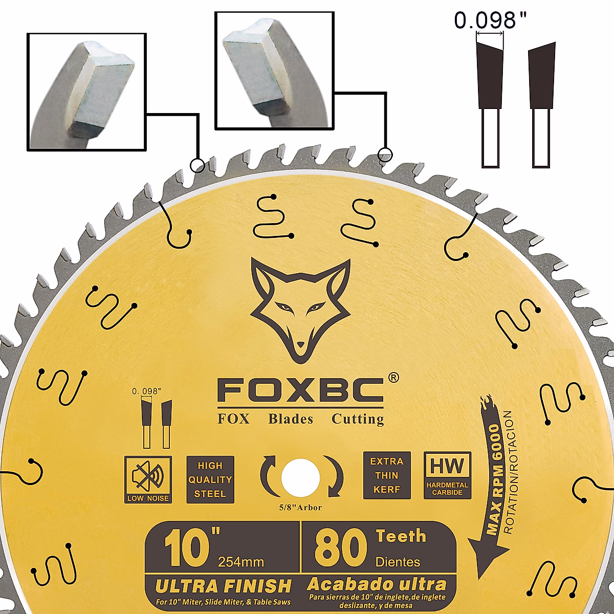 FOXBC 10-Inch Table Saw Blade, 80-Tooth, Ultra Finish Wood Cutting, 5/8-Inch Arbor