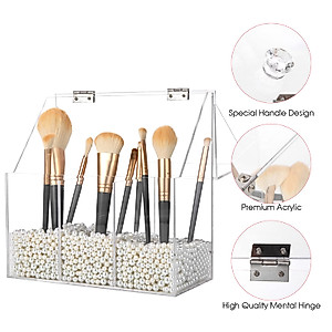 Vevitts Acrylic Makeup Brush Holder, Clear Cosmetic Brush Storage Box 3 Brush Holders, Makeup Brush Case with Dust Cover, Large-Capacity Split Design for Organize the Vanity Desk (No pearl and brush)