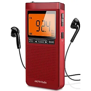 AM FM Portable Radio Personal Radio with Excellent Reception Battery Operated by 2 AAA Batteries with Stero Earphone, Large LCD Screen, Digtail Alarm Clock Radio(Red)