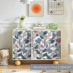 Floral Peel and Stick Wallpaper Boho Easy Peel off Wallpaper Blue Magnolia/Red Hydrangea/Grey Removable Bedroom Contact Paper Renter Friendly Self Adhesive Wallpaper with Knife Tape Measure 17.3"X118"