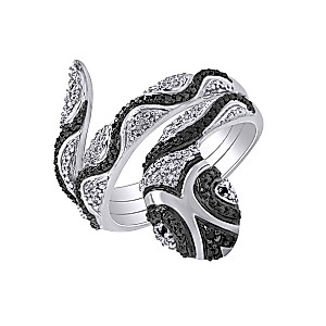 14k White Gold Over Sterling Silver Black Natural Diamond Accent Snake Ring For Women Ring Size-7 (0.01 Carat, Color - Black, Clarity I2-I3)