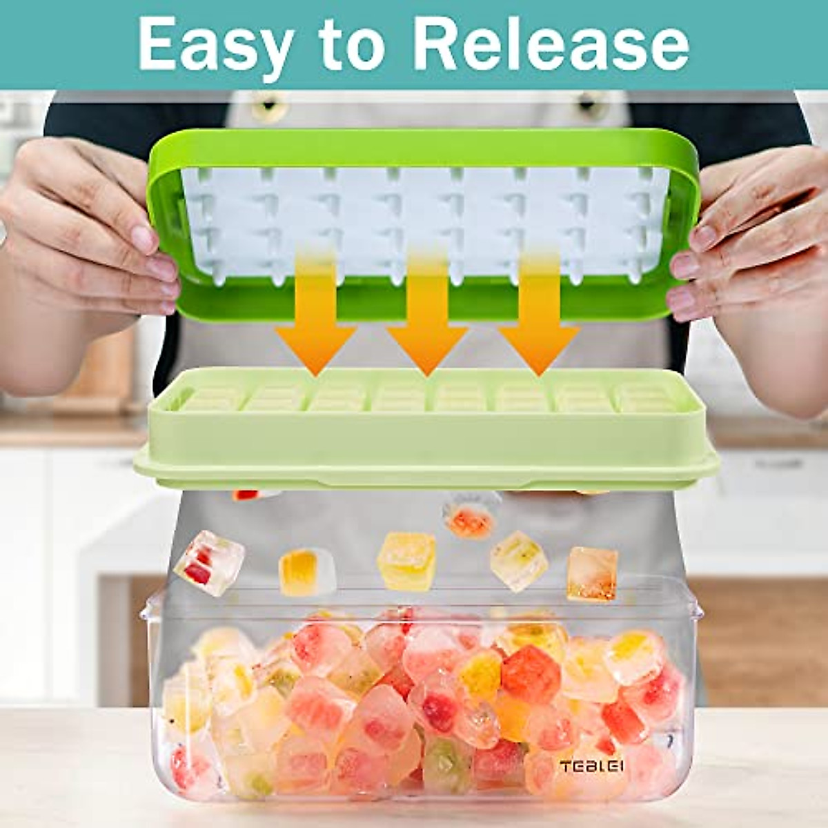 TEBLEI Ice Cube Tray with Lid and Bin, 64 Pcs Silicone Ice Cube Trays for Freezer, Easy Release & Save Space, 2 Ice Trays with Tongs and Scoop, for Whiskey, Cocktail | BPA Free