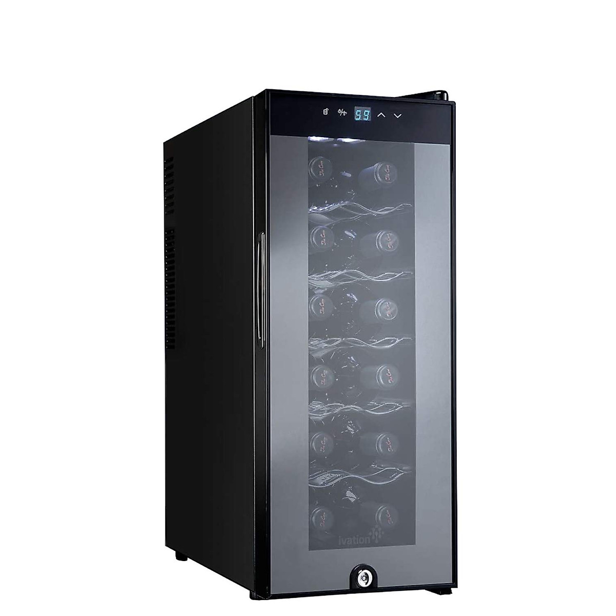 Ivation 12 Bottle Thermoelectric Wine Cooler/Chiller - Door Lock - Counter Top Red & White Wine Cellar w/Digital Temperature Display, Freestanding Refrigerator Smoked Glass Door Quiet Operation Fridge