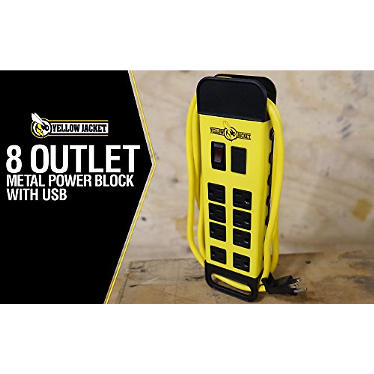 Yellow Jacket 5148 Modern 8-Outlet Metal Power Block with 2 USB Ports; Yellow
