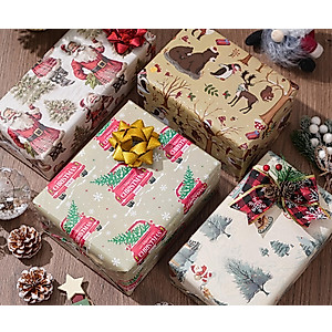 ZINTBIAL Vintage Christmas Wrapping Paper for Kids Adults - Xmas Wrapping Paper with Retro Santa, Red Truck, Woodland Animals, Country Scene Designs - 28 x 40 Inches, 6 Jumbo Sheets - Easy to Store