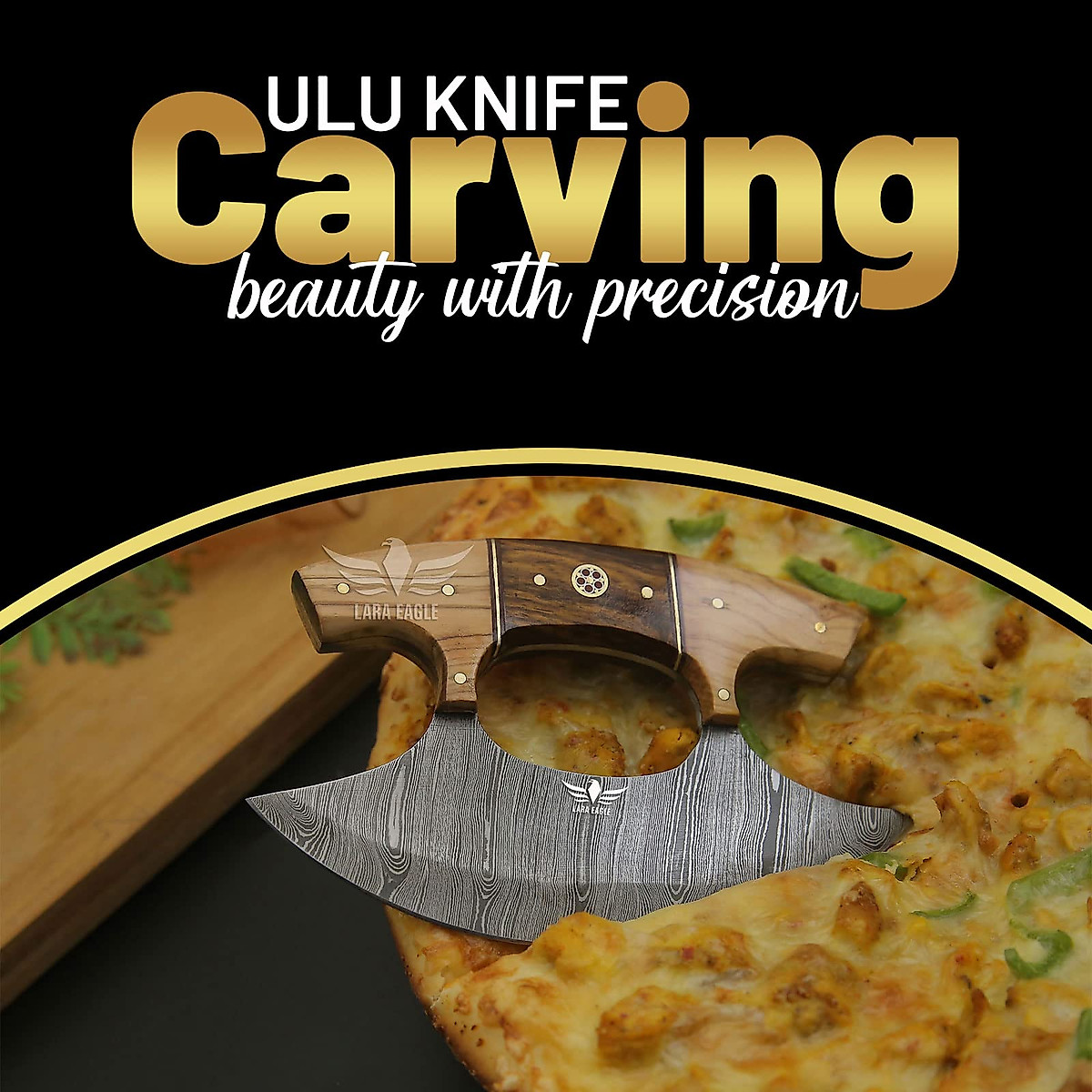 Lara Eagle Damascus Steel Ulu Knife, Celtic Knot Handle made of Exotic Rose Wood and Olive wood, 6 inch blade One-Handed Rocker Knife with Leather Sheath