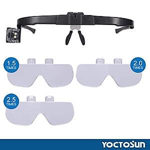 YOCTOSUN Rechargeable Head Magnifier Glasses, Hands Free Head Mount Magnifier with 3 Detachable Lenses and 2 LED Lights, Great Magnifying Glasses for Hobby and Crafts