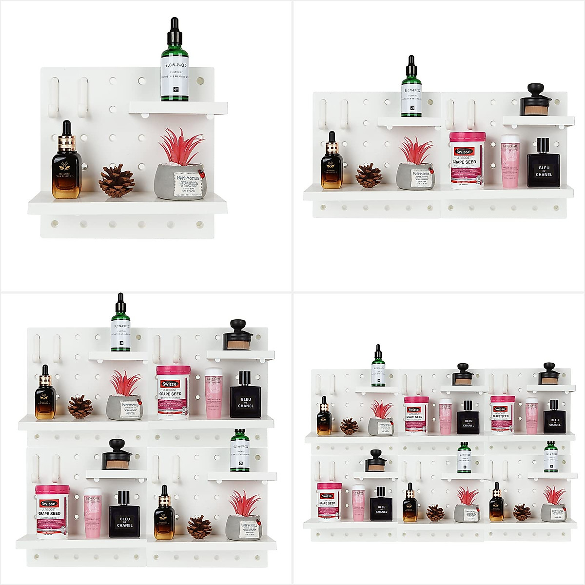 ZIQI ABS Plastic Pegboard Wall Panel Kits, 4Pack White Mount Display, DIY Tool Organizer with Accessories for Garage Kitchen Bathroom Office(2 Installation Methods-No Damage to Wall)