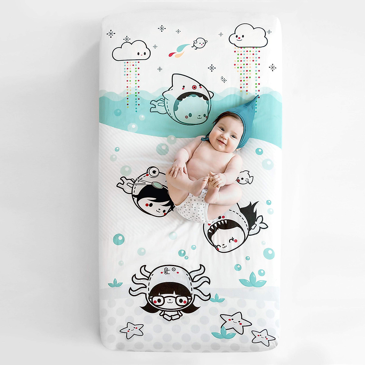 Rookie Humans 100% Organic Cotton Sateen Fitted Crib Sheet: Dive in, Modern Nursery, Use as a Photo Background for Your Baby Pictures. Standard Crib Size (52 x 28 inches)