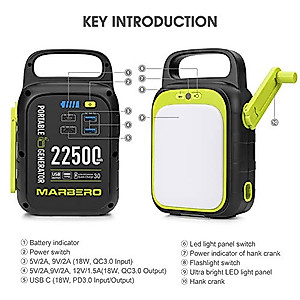 MARBERO 22500mAh Portable Charger with Bright LED Flashlight for Camping, Small Power Station QC/PD 3.0 Charges Quickly for iPhone, Samsung, iPad, Special Hand-cranked