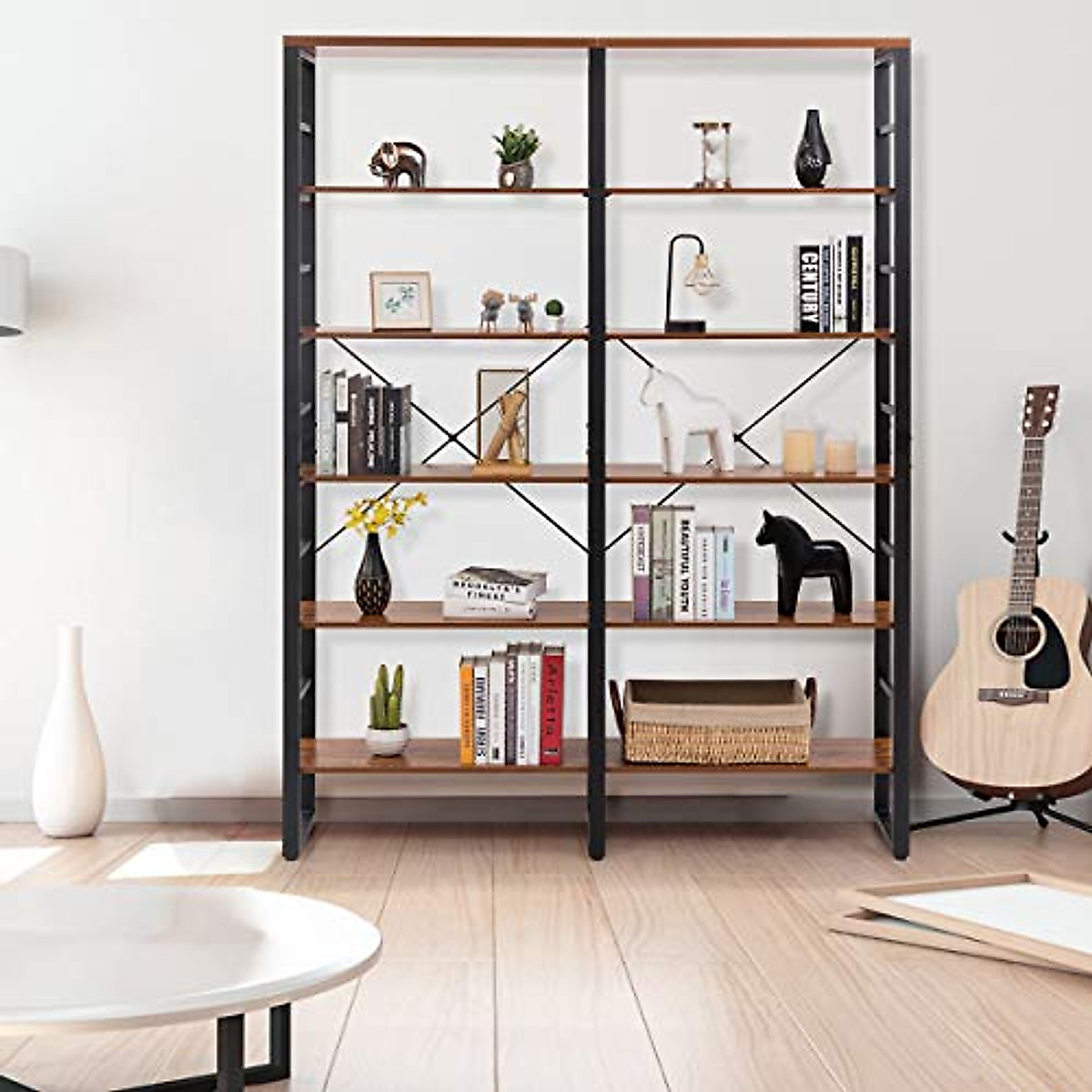 Tangkula Bookshelves and Bookcases, 80 Inch Double Wide 6 Tier Bookshelf, Industrial Vintage Large Etagere Bookshelf, Open Display Shelves with Metal Frame for Home Office (60'' L x 13.5'' W x 80" H)