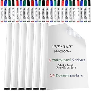 Seajan 6 Pack Dry Erase Whiteboard Sticker Rolls 17.7 x 78.7 Inches White Board Wallpaper Peel and Stick Adhesive Board Wall Decal Dry Erase Contact Paper with 24 Markers for School Office Home