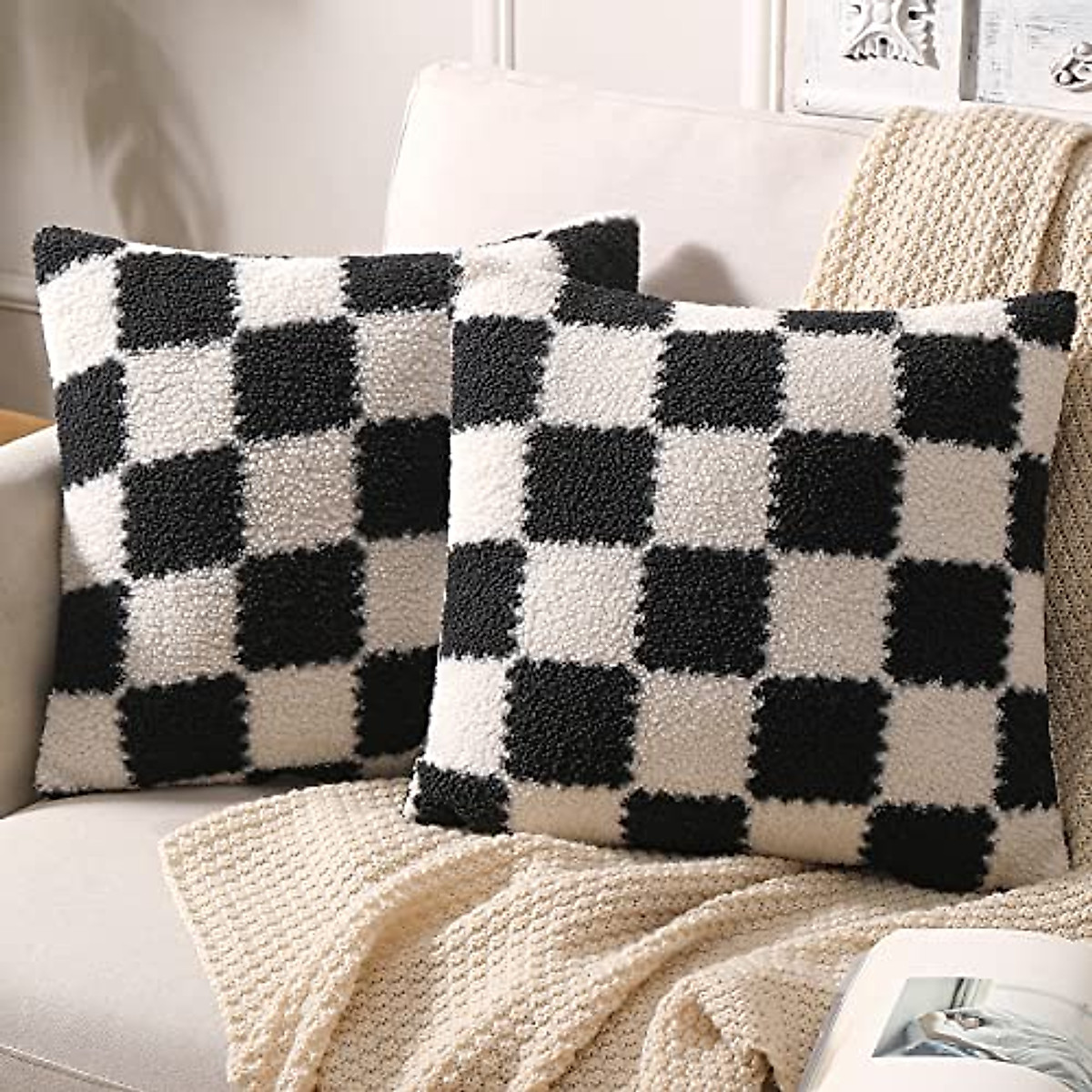 Fluffy Cesthetic Throw Pillow Covers Pack of 2 Cute Decorative Pillows Checkerboard Pattern Cushion Case Super Soft Faux Fur Wool Pillowcases for Couch Bedroom 16"*16" Black and White