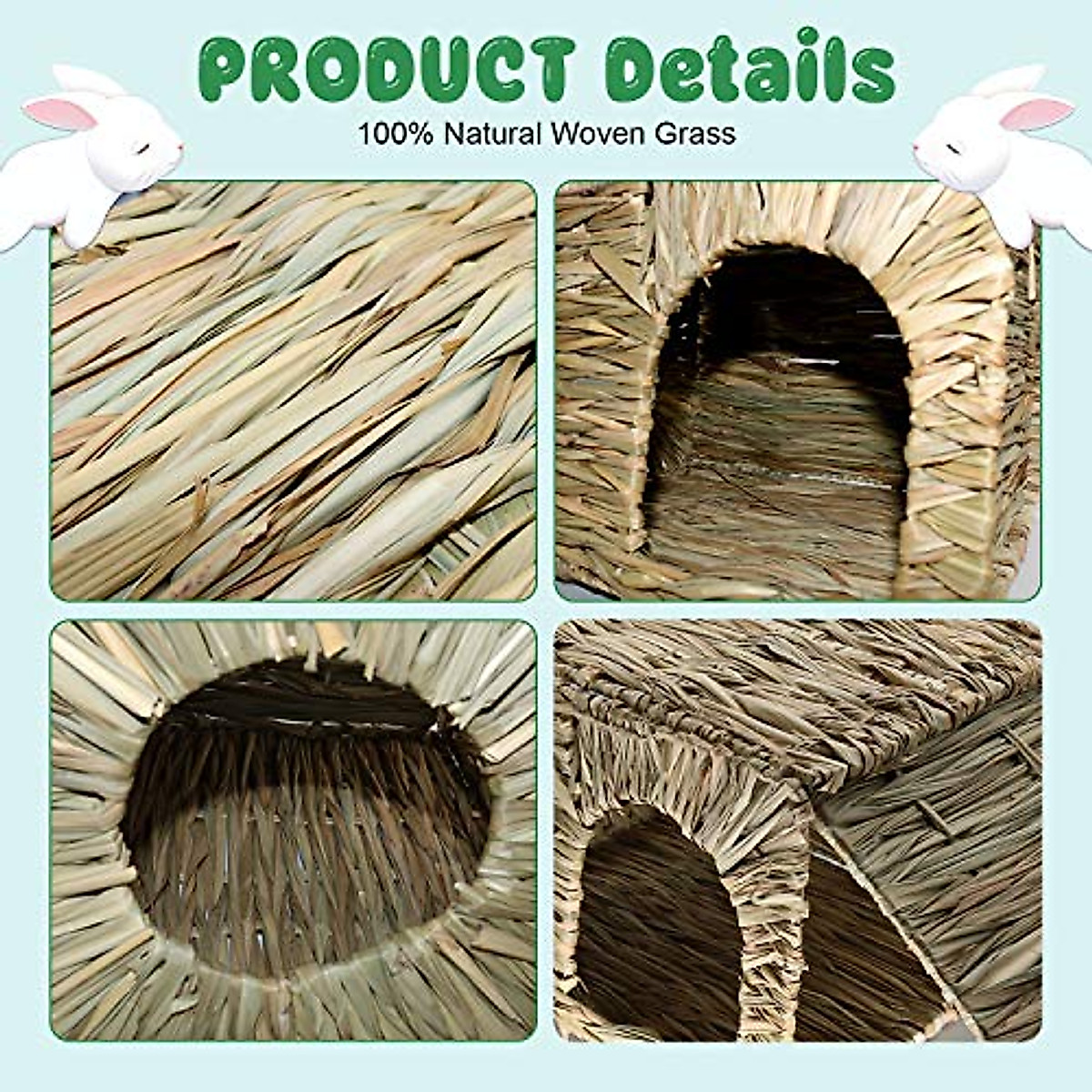 BWOGUE Extra Large Grass House for Rabbits,Hand Crafted Natural Grass Hideaway Foldable Bed Hut with Openings Playhouse for Bunny Guinea Pig Chinchilla Ferret for Play and Sleep