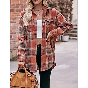 Korebow Women's Lightweight Flannel Plaid Button Down Shirts Oversized Long Sleeve Shacket Jacket Tops(0200-Orange-XL)