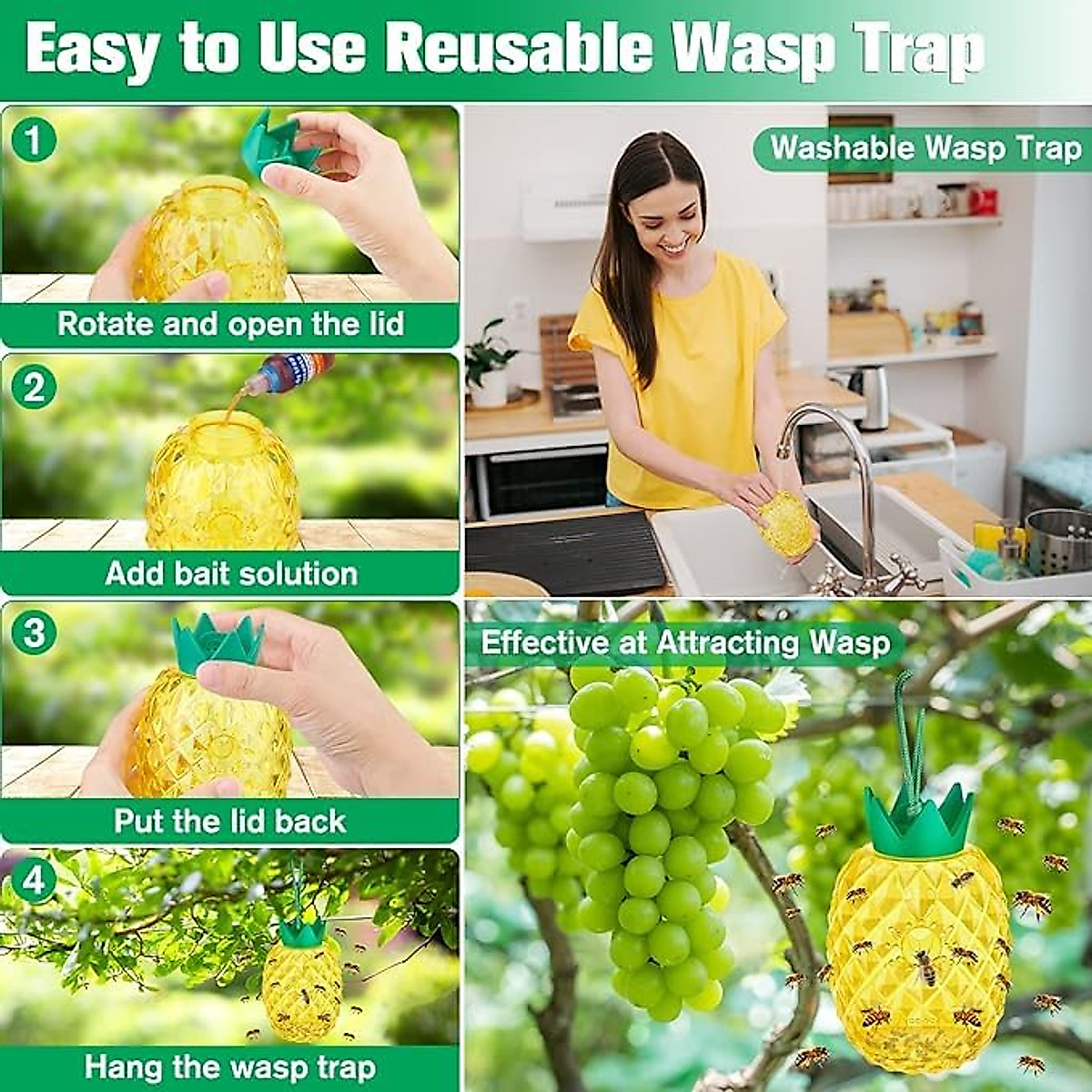 Wasp Traps Catcher - Honey Bee Trap, Insect Catcher, Wasp Trap, Bee Trap, Outdoor Wasp .Reusable Insects Traps Bee Catcher for Hornets, Yellow