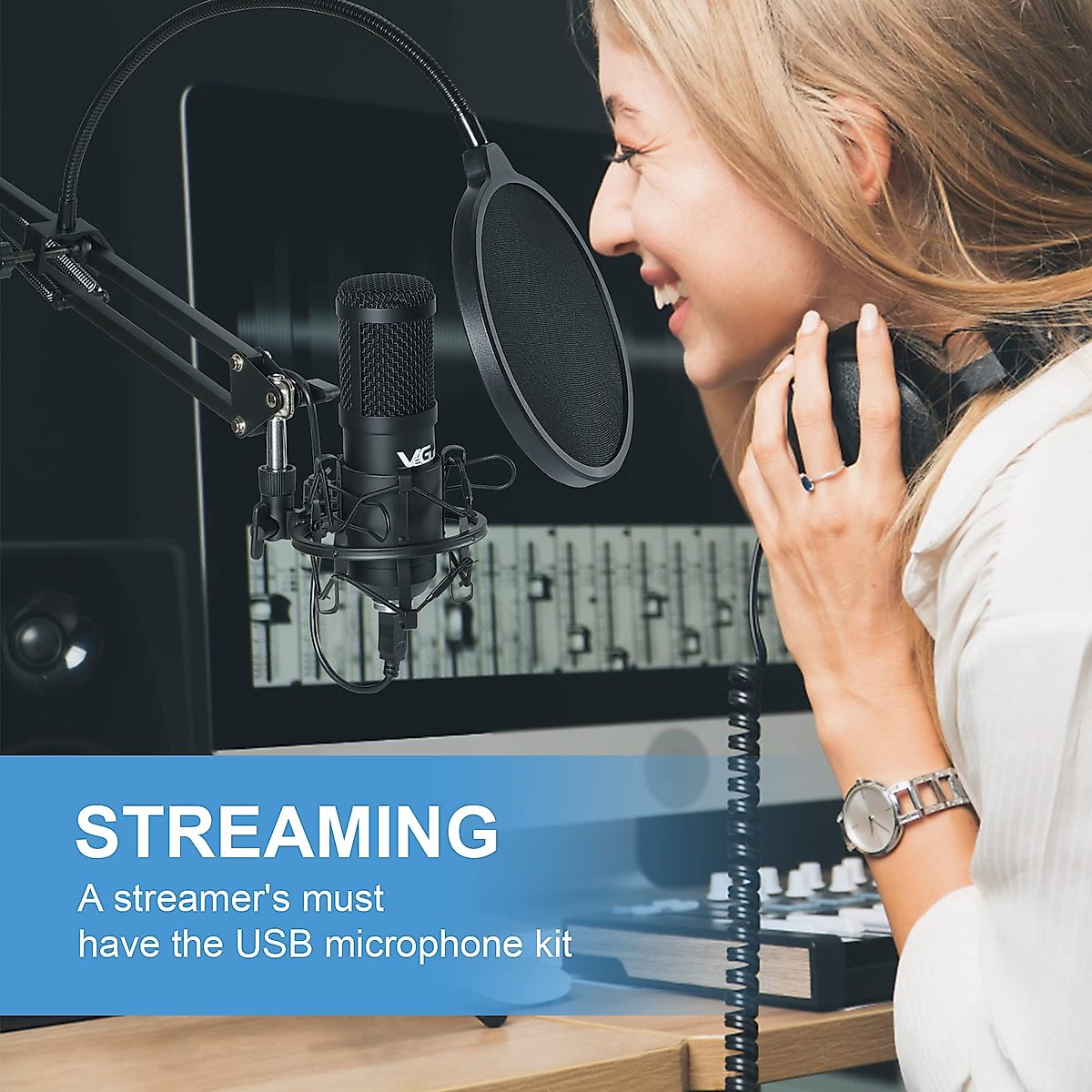 VeGue USB Microphone Kit, 192kHz/24Bit Streaming Podcast PC Condenser Computer Mic Set for Gaming, YouTube Video, Recording Music, Voice Over, Studio Mic with Adjustable Arm Stand (VG-016)