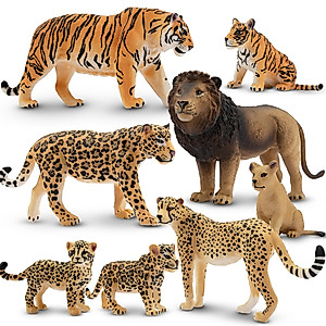 Toymany 8PCS 2-5" Plastic Jungle Animals Figures Playset Includes Baby Animals, Realistic Lion, Tiger, Cheetah, Leopard Figurines with Cubs, Cake Toppers Christmas Birthday Toy Gift for Kids Toddlers