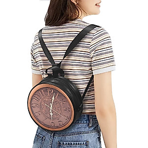 Salabomia Retro Vintage Clock Print Round Crossbody Tote Handbag for Women, Brown PU Women's Shoulder Handbags, Portable Durable Clutch Purse for Travel Work