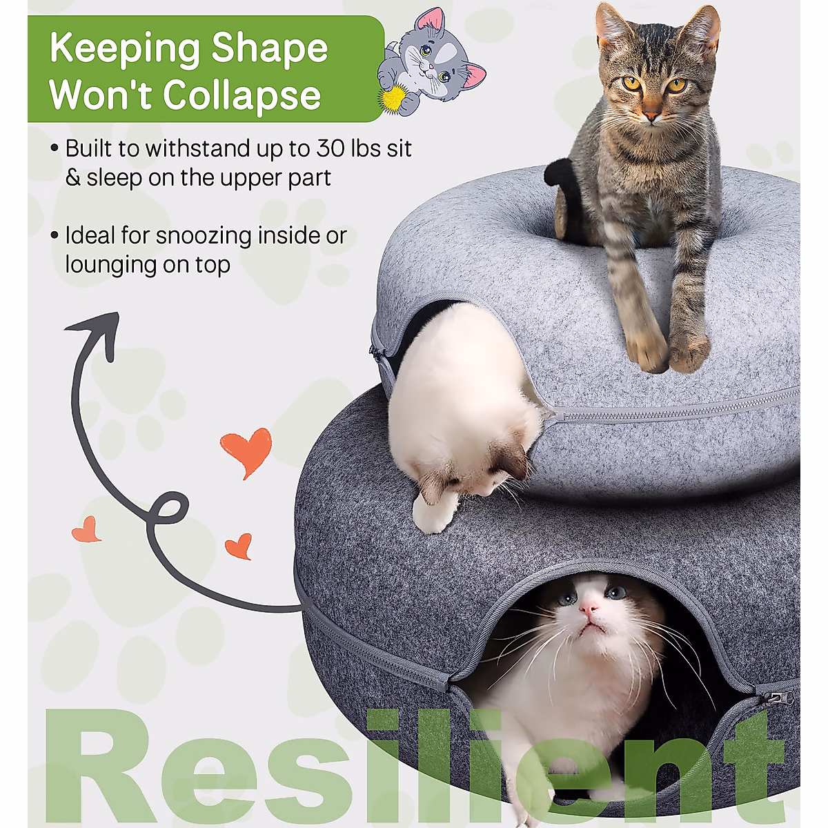 MAMI&BABI Peekaboo Cat Cave for Indoor Cats, Cat Donut Cat Tunnel Bed, Scratch Resistant Cat Toys for Medium Large Cats up to 30 lbs