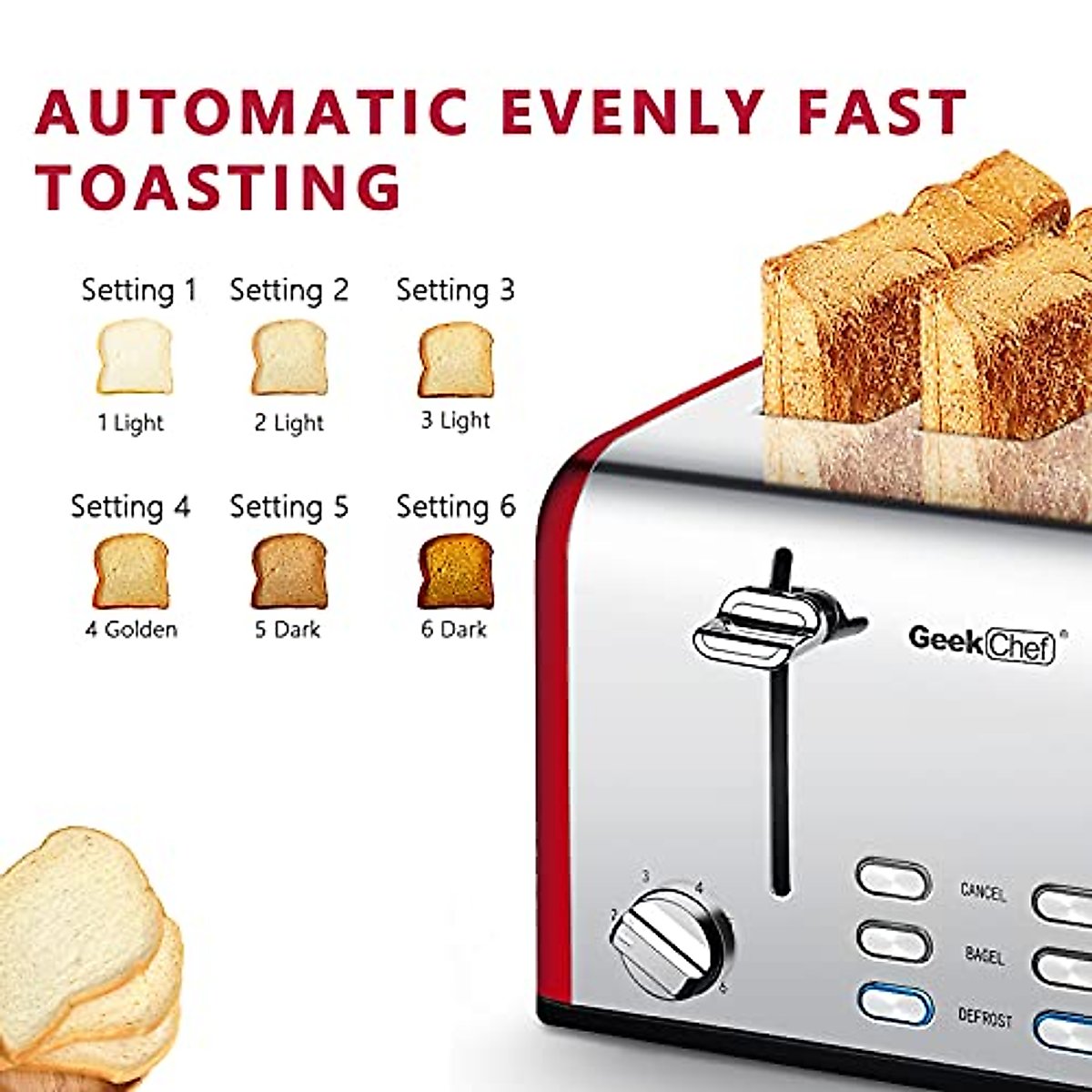 Geek Chef 4 Slice toaster, Best Rated Prime Retro Bagel Toaster with 6 Bread Shade Settings, 4 Extra Wide Slots, Defrost/Bagel/Cancel Function, Removable Crumb Tray, Stainless Steel Toaster, 1500W (Red-Classic)