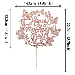 1 PCS Happy Mother's Day Cake Topper with Glitter Heart Garland Love Mom Butterfly Cake Pick Best Mom Cake Decorations for Happy Mother's Day Theme Women Birthday Party Supplies Rose Gold