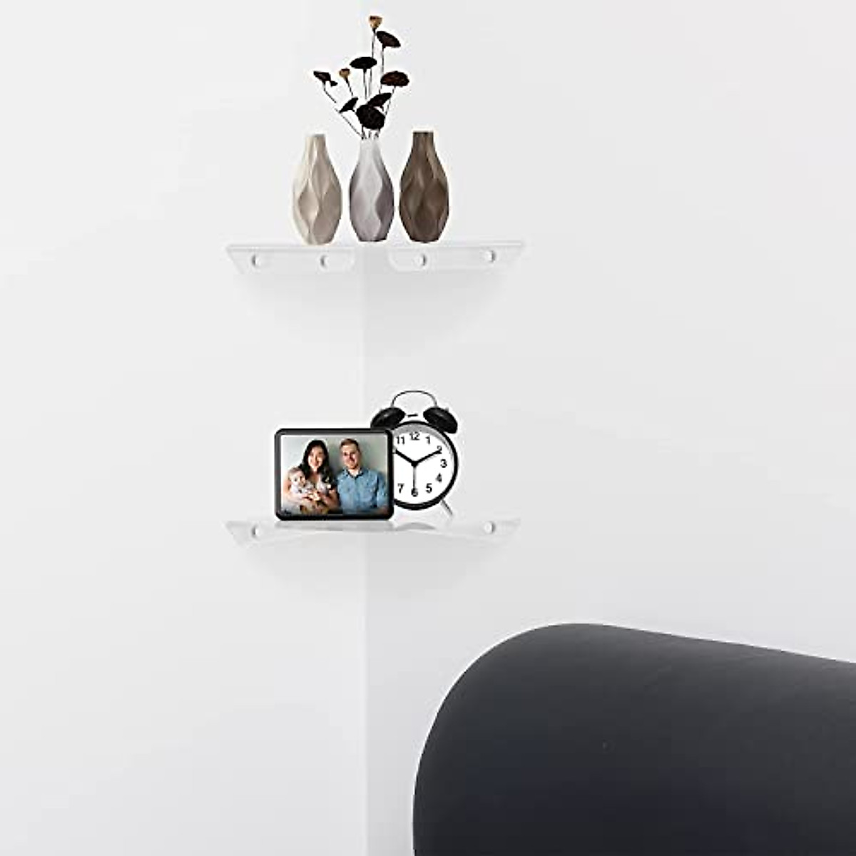 Cosmos 2 Pcs Acrylic Wall Mount Floating Corner Shelves Quarter Round Shower Shelf Hanging Corner Shelves Wall Storage Display Organizer for Bathroom Kitchen Bedroom Living Room (Transparent Clear)