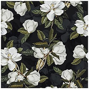 HAOKHOME 93169-1 Peel and Stick Gardenia Floral Wallpaper Removable Black/White/Green Vinyl Self Adhesive Mural 17.7in x 9.8ft