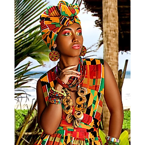 Haysandy 3 Pcs Women African Ankara Print Traditional Costume Set Long Maxi Dress Headwraps Scarf Drop Dangle Earrings(X-Large)