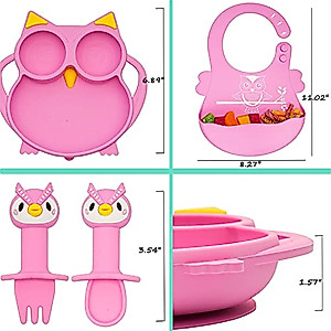 KAVONOI Baby Toddler Silicone Suction Plate with Spoon&Fork And Adjustable Bib Set,Silicone Baby Feeding Utensils Set，Baby Toddler Led Weaning Supplies Set-Pink Owl Set