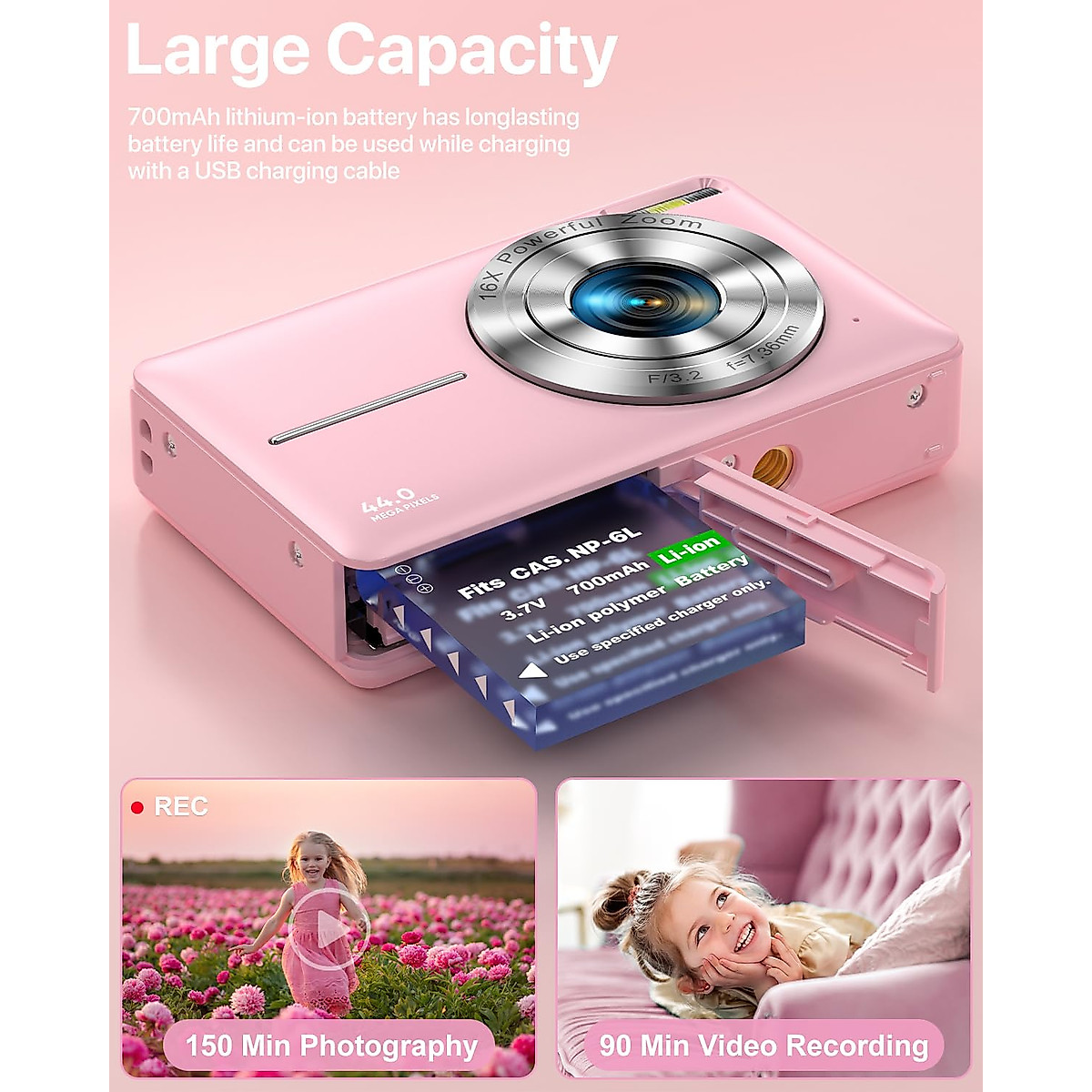 Digital Camera, FHD 1080P Kids Camera 44MP Compact Digital Camera with 32GB Card, 1 Batteries 16X Digital Zoom Point and Shoot Digital Cameras Gift for Kids Boys Girls Teens (Pink)