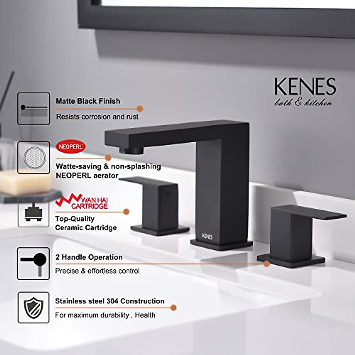 KENES Black Widespread Bathroom Faucet Matte Black 3 Hole Bathroom Sink Faucet 8-Inch, 2 Handle Bathroom Faucet Vanity Faucet with Lead-Free Supply Hose, KE-9050-2
