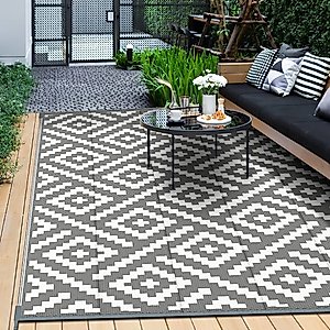 GENIMO Outdoor Rug for Patio Clearance,6'x9' Waterproof Mat,Reversible Plastic Camping Rugs,Rv,Deck,Porch,Camper,Balcony,Backyard,Grey & White