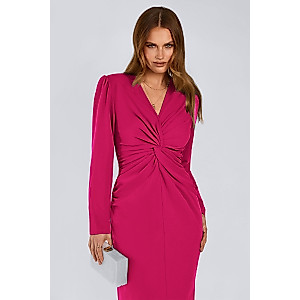 PRETTYGARDEN Women's Spring Fall Fashion Long Puff Sleeve Maxi Dresses V Neck Twist Front Formal Dress with Slit (Rose Red,Large)