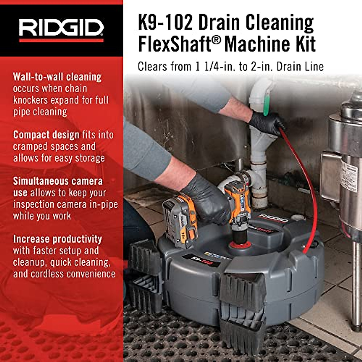 RIDGID 64263 Model K9-102 FlexShaft Drain Cleaning Machine Kit for 1-1/4"-2" Pipes