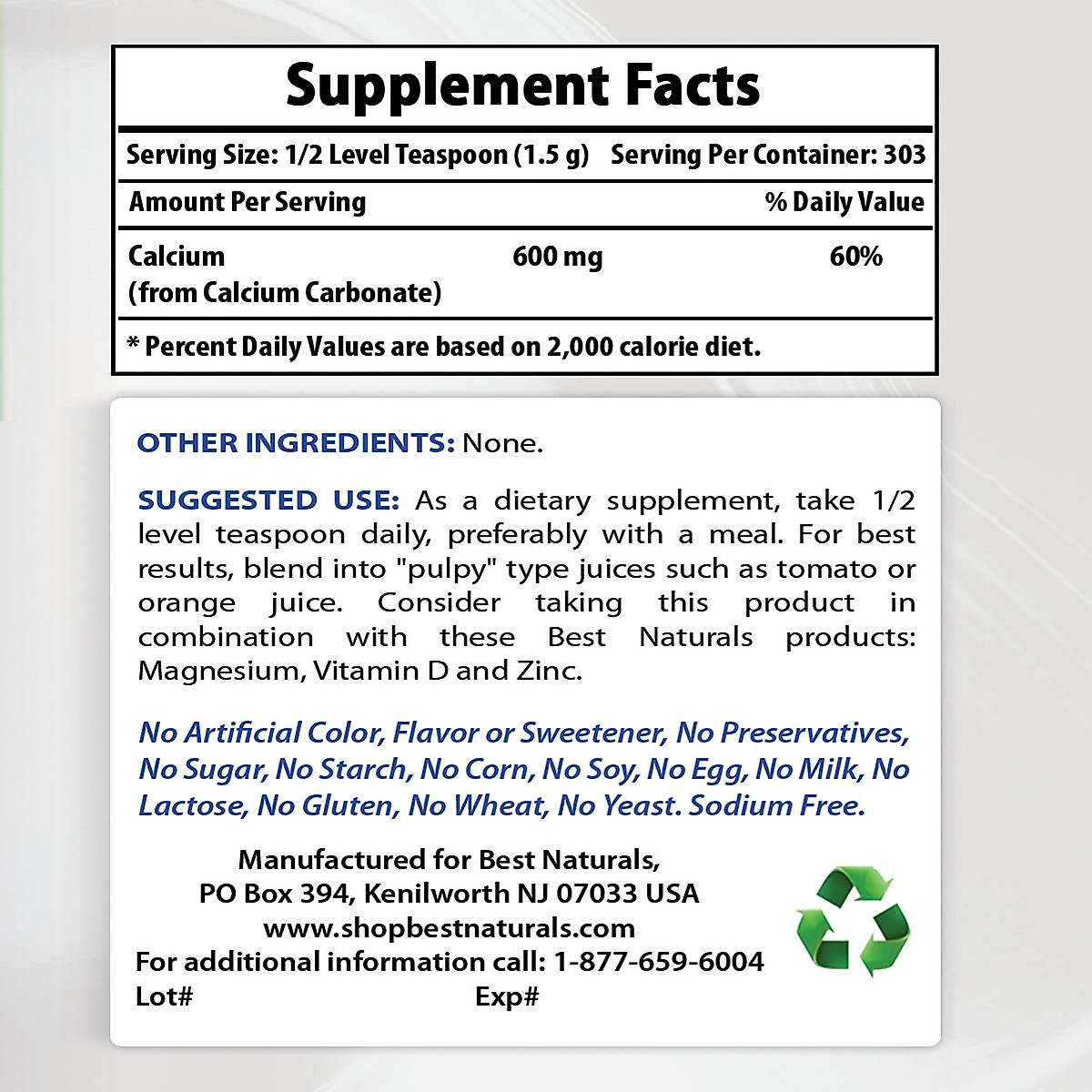 2 Pack - Best Naturals Calcium Carbonate Powder 1 Pound (Total 2 Pound) - Food Grade