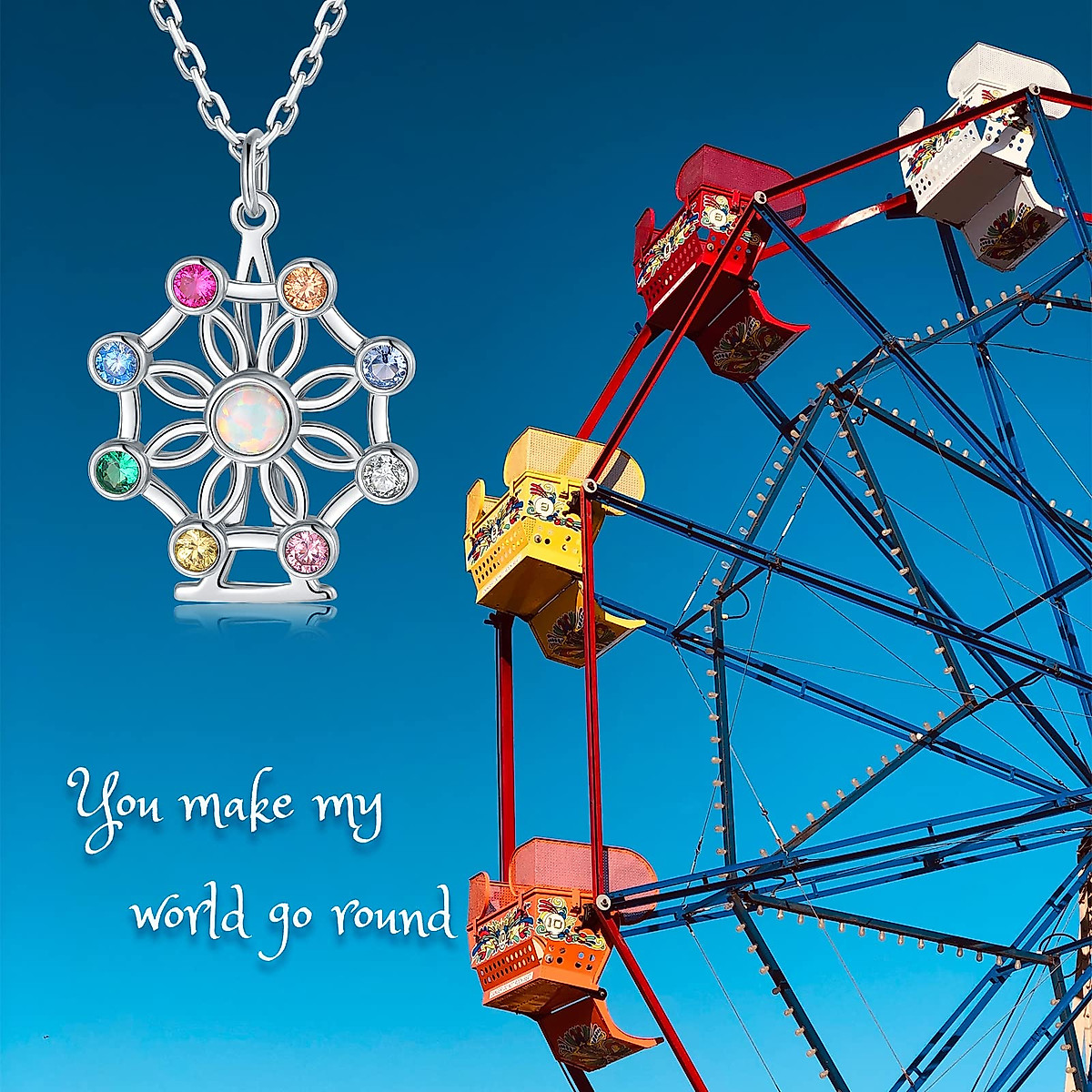 Silver Spinner Ferris Wheel Necklace - 925 Sterling Silver Romantic Fidget Anxiety Ferris Wheel Jewelry Necklaces for Women, Christmas Gifts Dainty Multi Gemstone Ferris Wheel Opal Necklace for Her