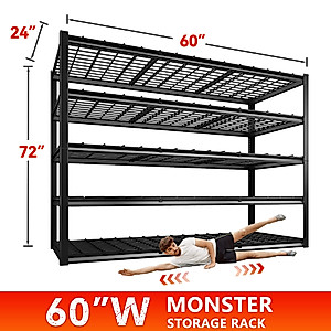 REIBII 60" W Garage Shelving 3000LBS Heavy Duty Storage Shelves Adjustable 5 Tier Metal Shelving Unit for Storage Rack Garage Storage Shelves Industrial Utility Shelf for Basement,72" Hx 60" W x 24" D