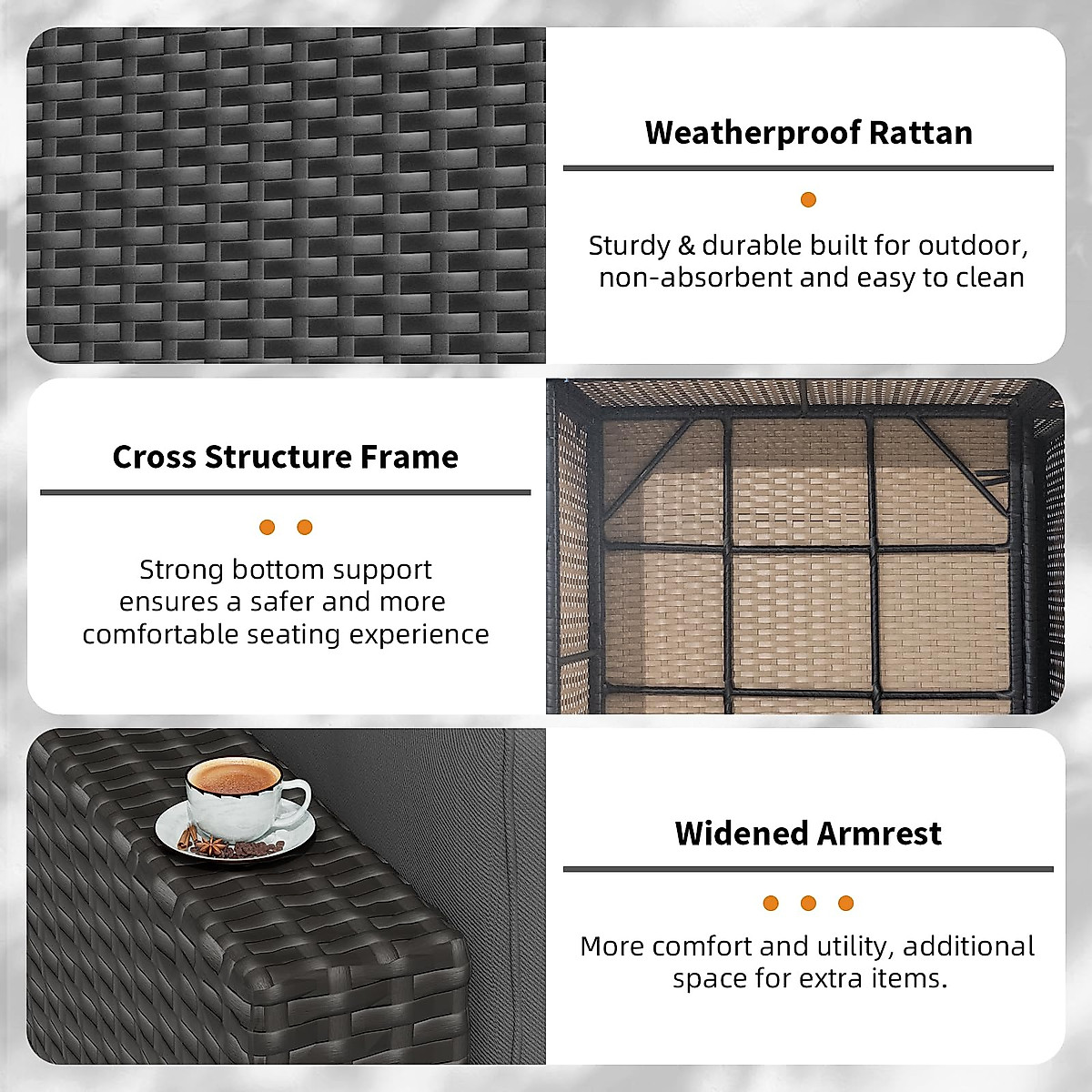 Oakcloud 8-Piece Outdoor Patio Furniture Sofa Set with 45” Propane Gas Fire Pit Table, Black Rattan Wicker Sectional Conversation Sets with Glass Top Table and Cushions(Grey, w/Fire Pit Table)