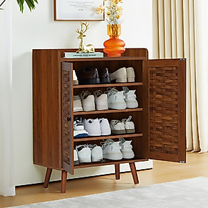 NVETHM Shoe Cabinet, Shoe Storage Cabinet with Two Rattan Doors and Adjustable Shelves, Free Standing Shoe Rack for Entryway, Living Room (Walnut)