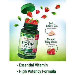 Nature's Truth Ultra Biotin 5000mcg | 165 Fast Dissolve Tablets | Hair Skin and Nails Supplement | Natural Berry Flavor | Vegetarian, Non-GMO, Gluten Free